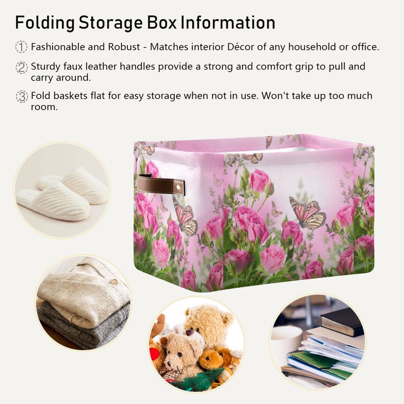 ALAZA Pink Rose Floral Butterfly Foldable Storage Box Storage Basket Organizer Bins with Handles for Shelf Closet Living Room Bedroom Home Office 1 Pack