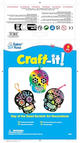 Baker Ross AG995 Day of The Dead Scratch Art Ornaments - Pack of 6, Perfect for Children to Design and Decorate, Ideal for Home Activities, Craft Group Tasks and School Work