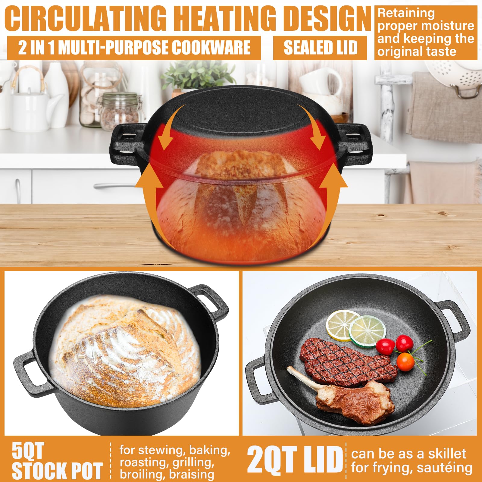 Jingmore 2 in 1 Cast Iron Bread Pan with Lid,10'' Cast Iron Dutch Oven for Bread Baking,5 QT Pot and 2 Quart Skillet Lid Pan with Dual Handles, Dutch Oven for Sourdough with Silicone Baking Mat