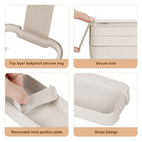 Bento Box for Adults, 3-In-1 Meal Prep Container, 900ML Japanese Lunch Box with Compartment, Wheat Straw, Leak-proof, Spoon & Fork, BPA-free (Beige)