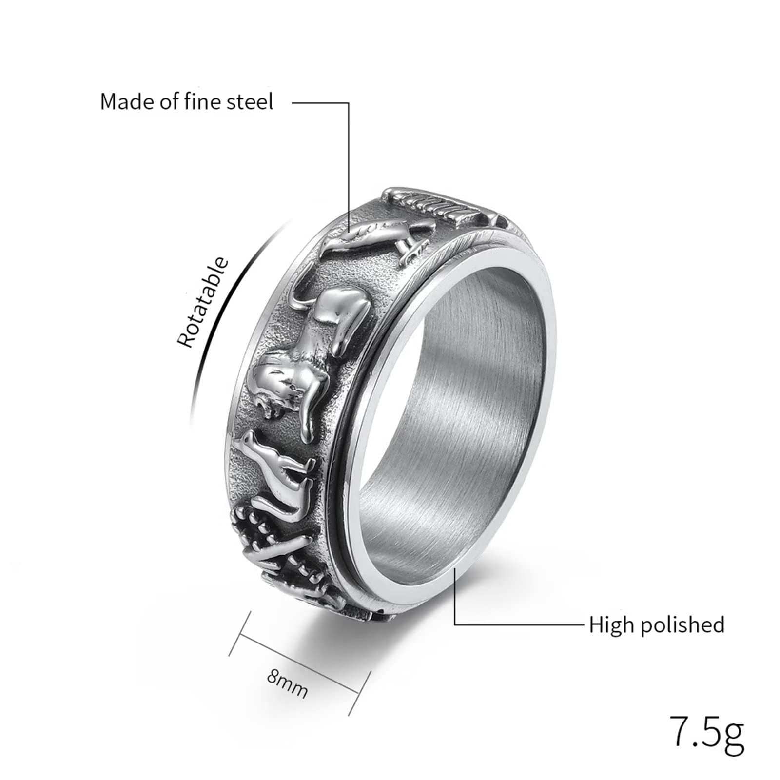 8mm Vintage Egyptian Spinner Rings with Symbol Totem Retro Stainless Steel Gothic Punk Personalized Rapper Biker Animal Pattern Spins Ring Jewelry for Mens Women Boys Teens
