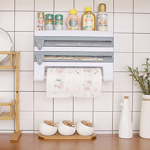 Paper Towel Holder Wall-Mount Sauce Bottle Storage Rack Paper Towel Holder Preservative Film Dispenser for Kitchen Bathroom Toilet Drill Free(Gray Blue)