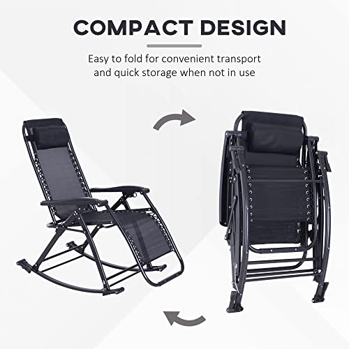 Outsunny Outdoor Rocking Chairs, Foldable Reclining Zero Gravity Lounge Rocker w/Pillow, Cup & Phone Holder, Combo Design w/Folding Legs, Black