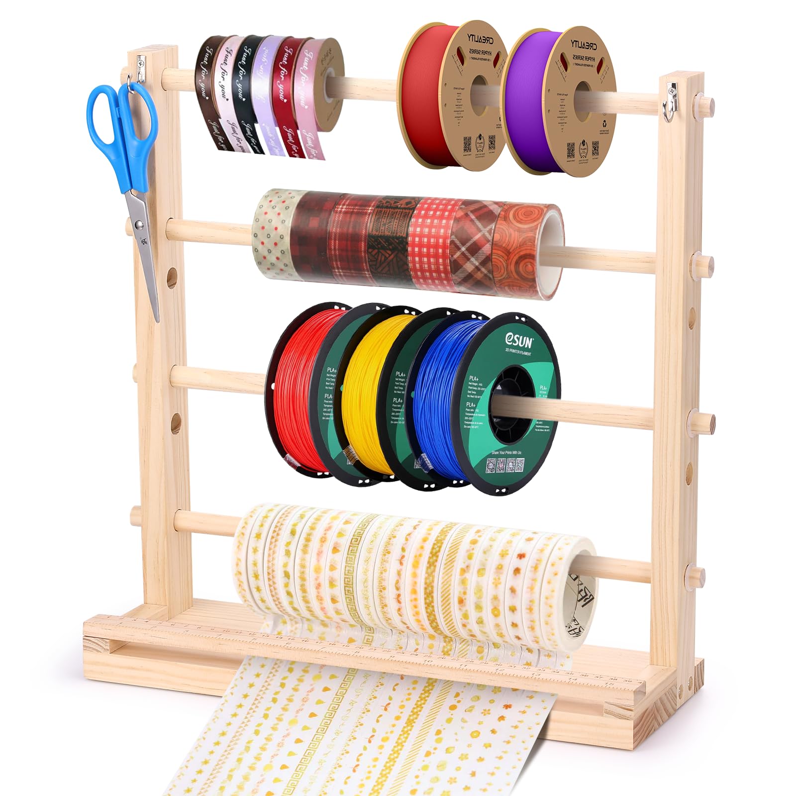 Ribbon Storage Organizer Rack 4 Tier Adjustable Wooden Ribbon Holder Spool Holder Organizer Rack Spool for Sewing Craft Mesh Thread Tape Wreath Crochet Roll Washi Tape Craft Gift Florist Wrapping