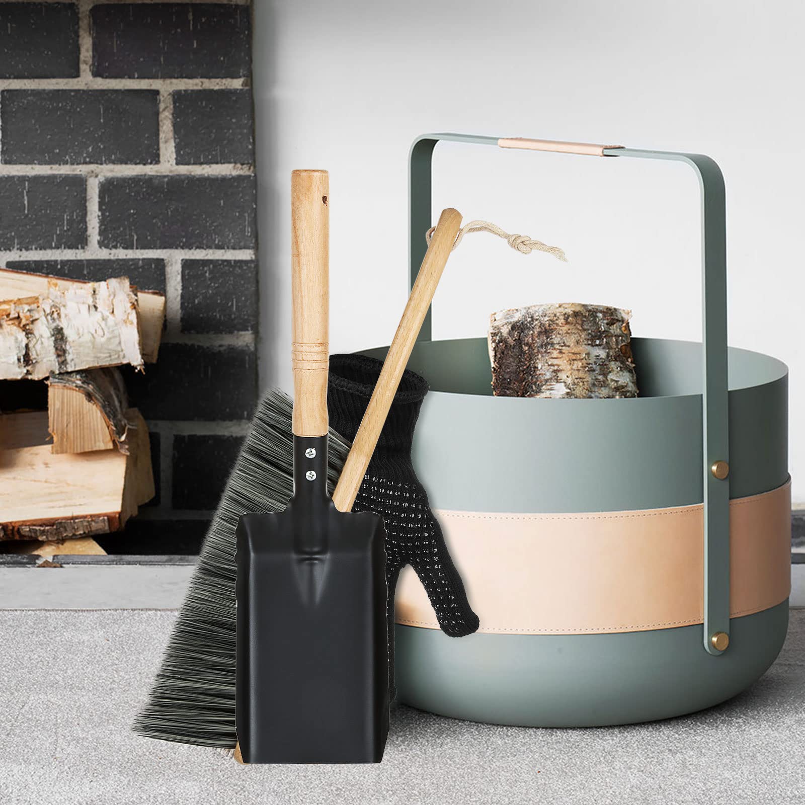 DIRBUY Coal Shovel and Hearth Brush Set, Fireplace Shovel and Brush Set for Ash, with Black Silicone Gloves, Heavy Duty Metal Fireplace Tools Set