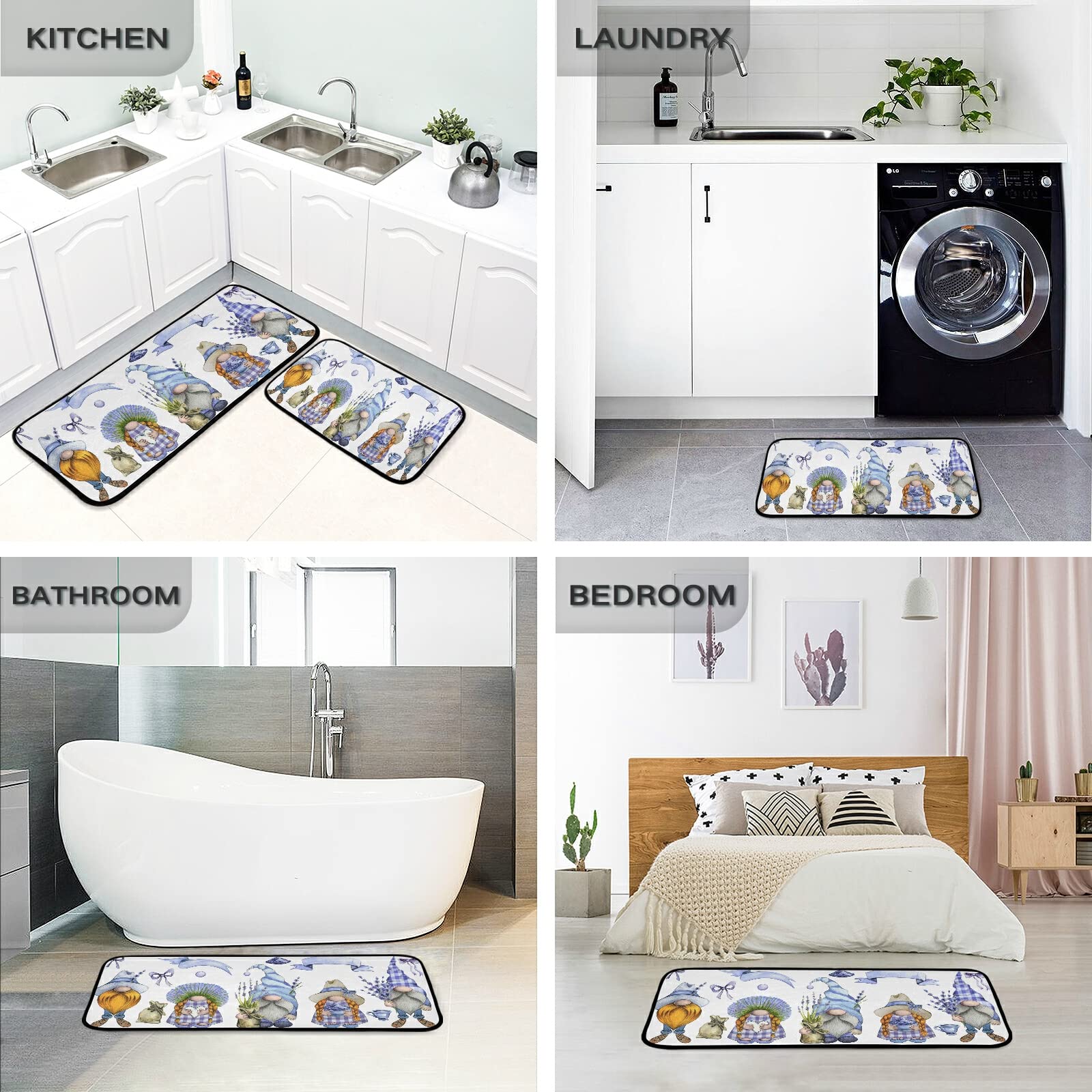 ALAZA Lavender Gnome Kitchen Mat Set 2Piece,Super Absorbent Kitchen Rugs Mats Non Slip Waterproof Easy Clean Carpets Rugs for Kitchen Floor Sink Laundry Runner Area Rug Carpet