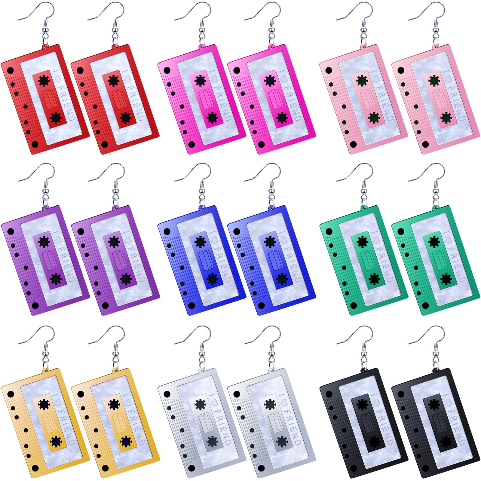 9 Pairs Cassette Tape Earrings for Women Christmas Party Funny Retro Tape Dangle Drop 80s Accessories