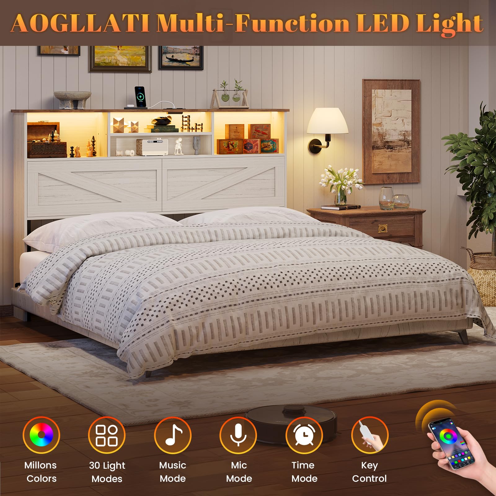 AOGLLATI Farmhouse King Headboard Only with Charging Station & Led Lights, King Size Headboard Only with 2-Tire Bookcase Storage Space for Bedroom, Easy Assembly, White