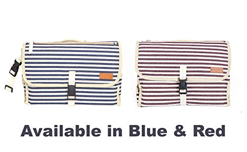 Simple Being Portable Changing Pad, Travel Diaper Canvas Clutch Mat, Diaper Bag Essential with Storage Pockets for Wipes and a Supportive Foam Head Pillow Padding (Red Stripe)
