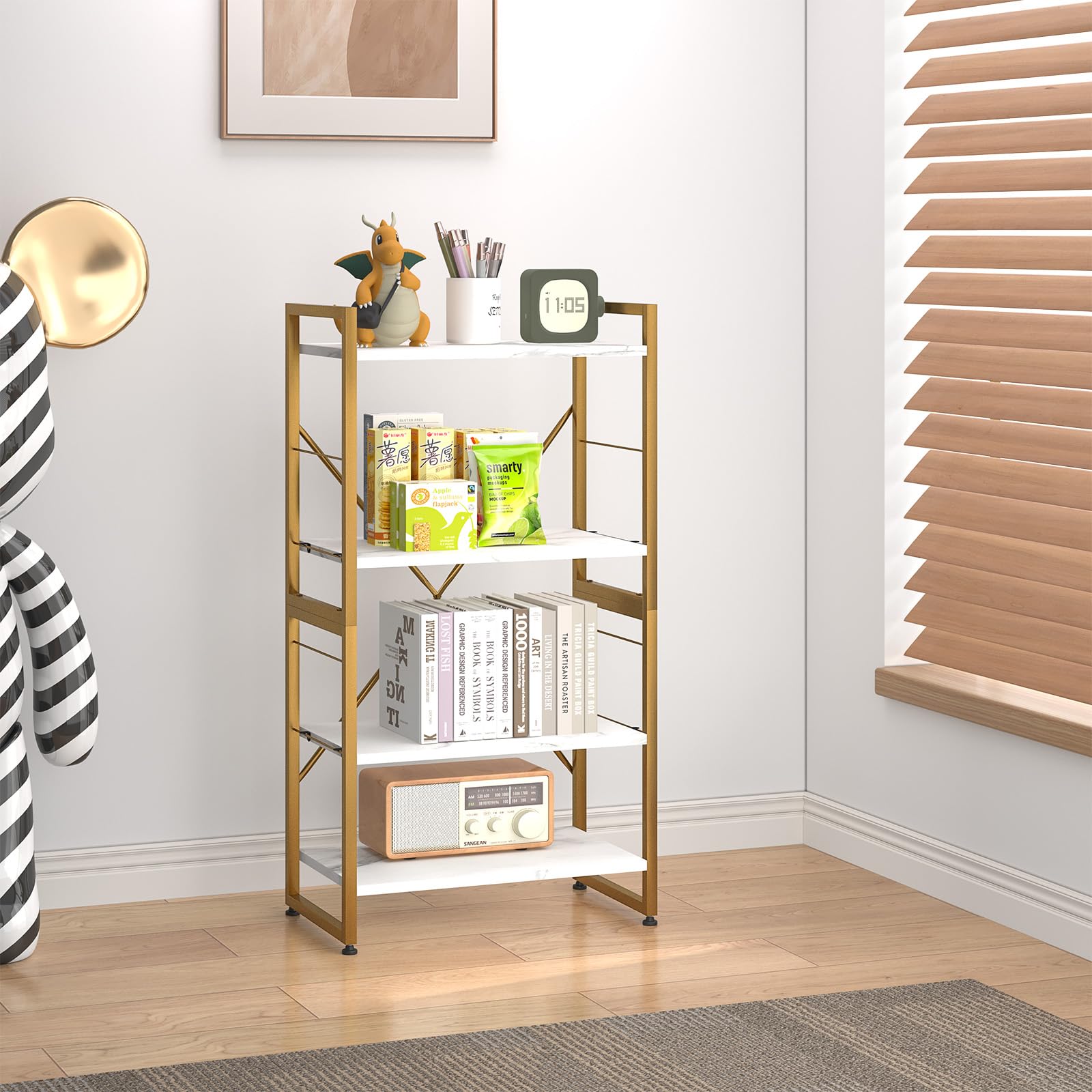Azheruol 4 Tiers Bookshelf Adjustable White Faux Marble Organizer, Modern Small Bookcase for Small Space,Industrial Wooden Storage Display Rack and Storage Organizer for Living Room Home Office(Glod)