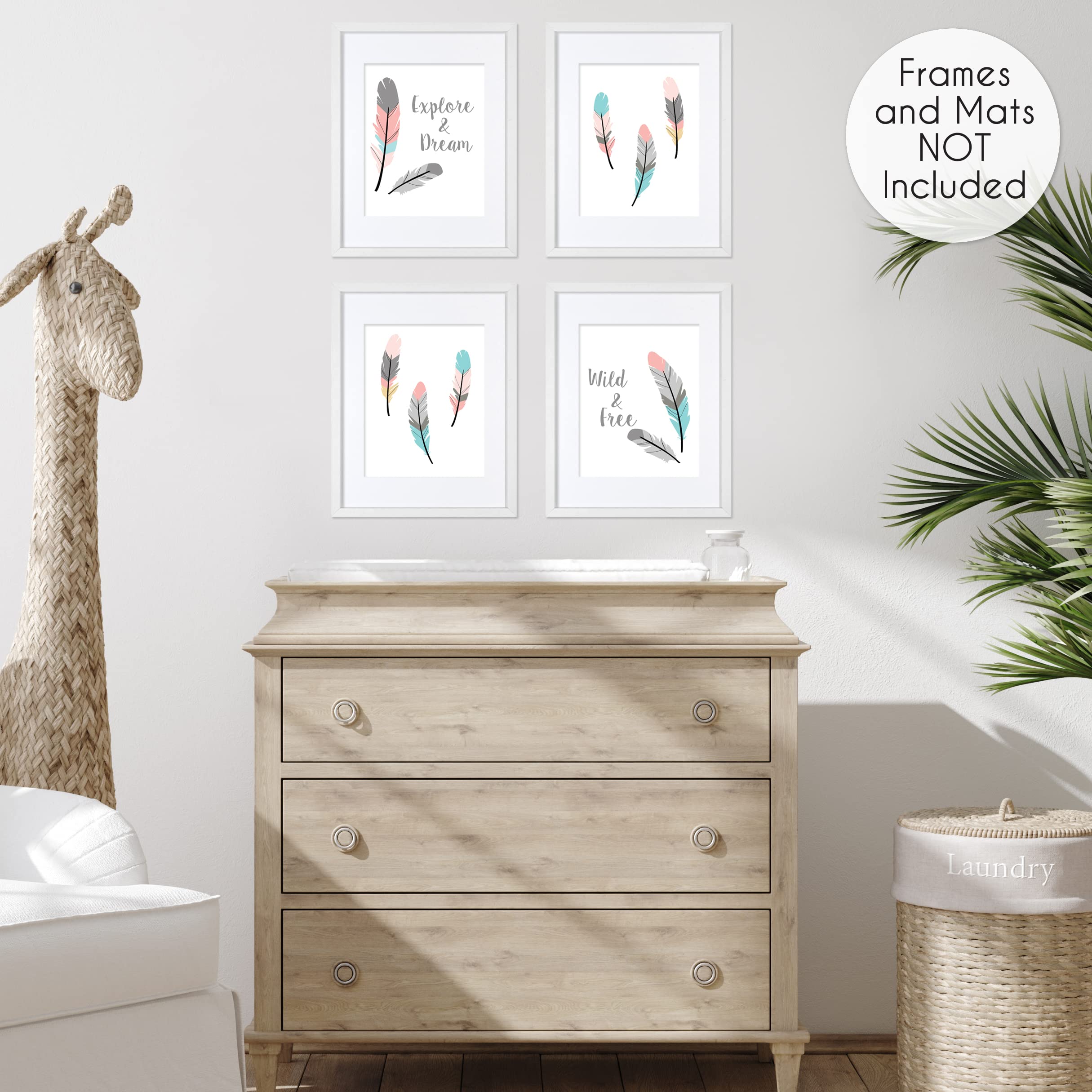 Sweet Jojo Designs Turquoise and Coral Boho Wall Art Prints Room Decor for Baby, Nursery, and Kids for Feather Collection - Set of 4 - Explore & Dream, Wild & Free