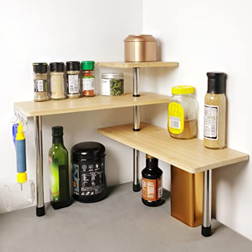 HAORUI 3 Tier Corner Shelf, Kitchen Countertop Organizer with Hooks, Desk Display Shelves, Adjustable Space Saving Spice Rack for Kitchen, Bedroom, Office
