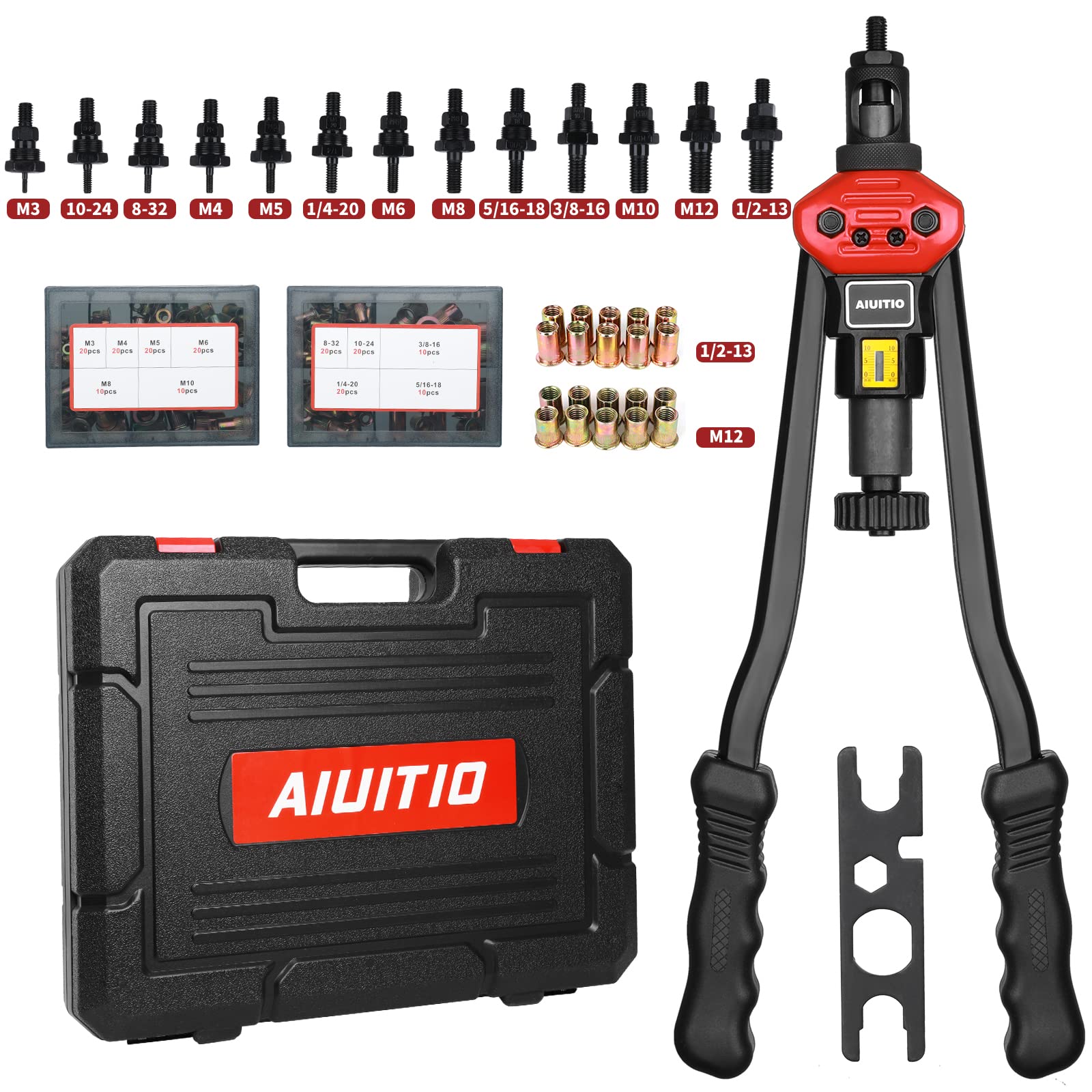 AIUITIO 16”Hand Rivet Nut Tool, Professional Rivet Nut Setter Kit with 15Pc Metric & Inch Mandrels,150Pc Rivet Nuts and Carrying Case for Entry Level and Professional Use