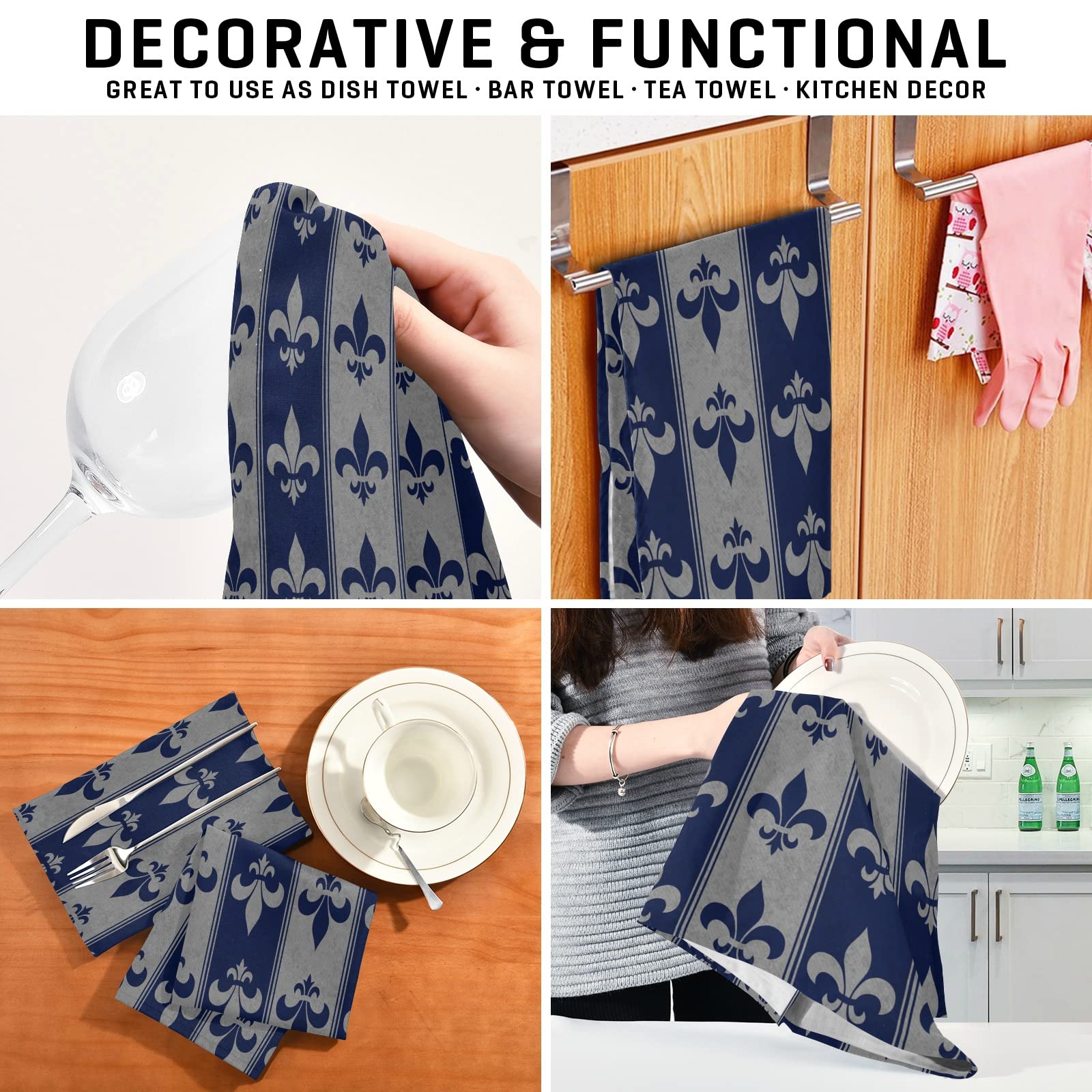 ALAZA Navy Blue and Gray Fleur De Lis Kitchen Towels Absorbent Dish Towels Soft Wash Clothes for Drying Dishes Cleaning Towels for Home Decorations Set of 6, 28 X 18 Inch