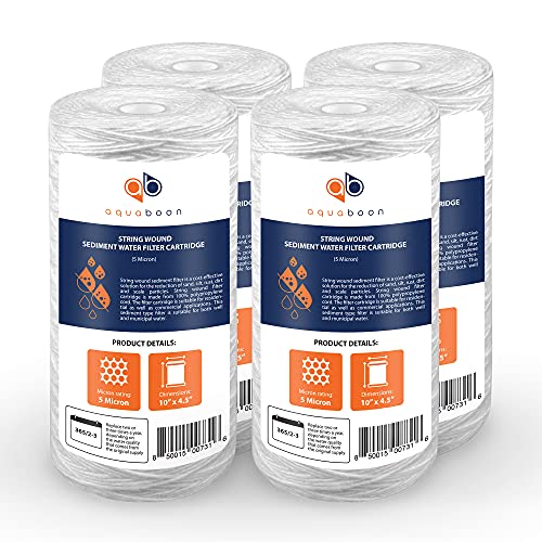 Aquaboon 5 Micron 10"x4.5" BB String Wound Sediment Water Filter Cartridge | Whole House Sediment Filtration | Compatible with 84637, WPX5BB97P, PC10, 355214-45, 355215-45, WP10BB97P WP5BB97P 4-Pack