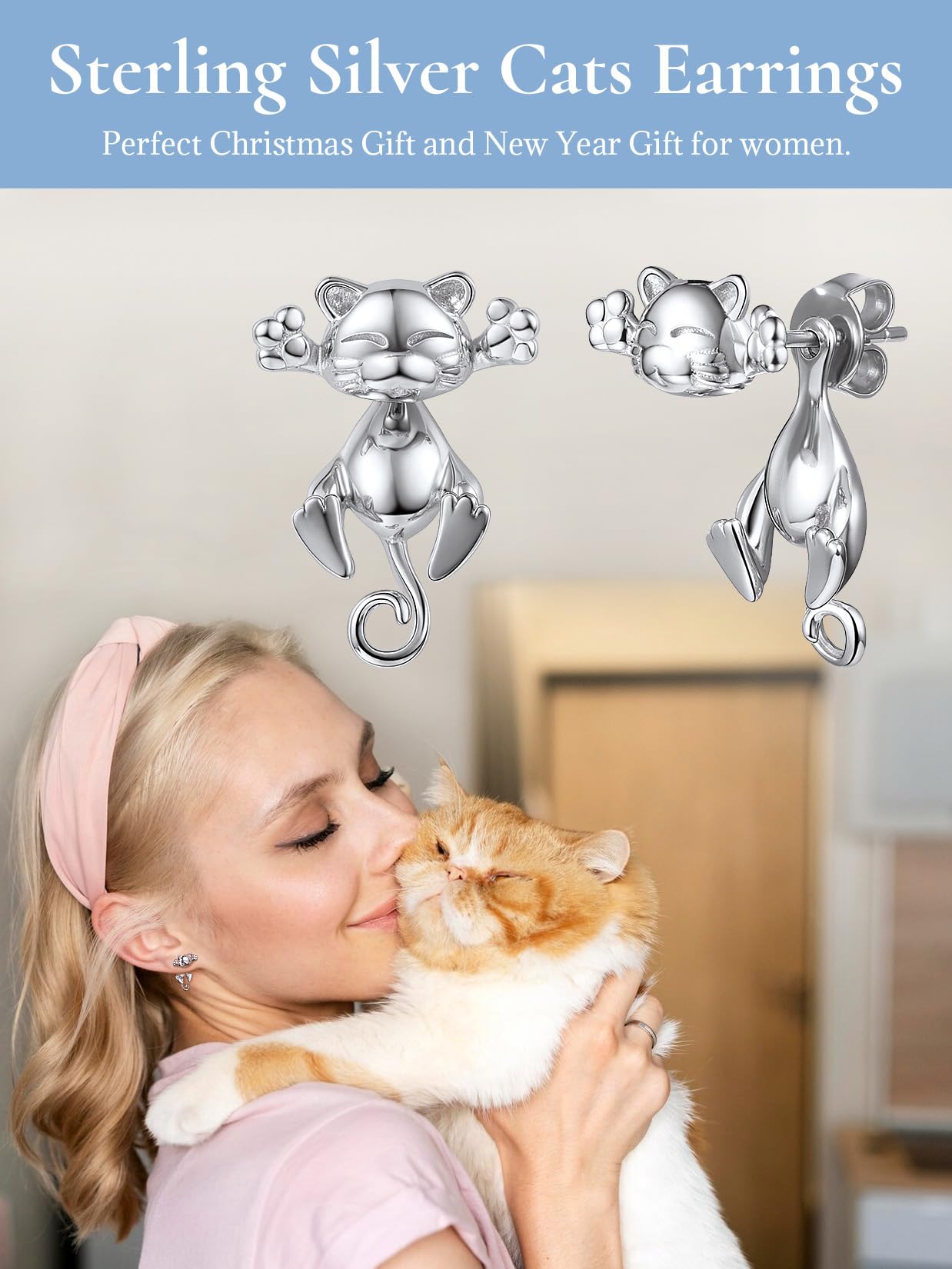 925 Silver Cute Cat Earrings Stud Solid Sterling Jewelry " Kiss me Hug Me" 3D Kitten Ear Jacket Earring for Women Teen Girls