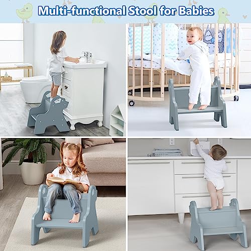 Jemyda 2 Step Stool for Kids, Toddler Step Stool for Bathroom Sink, Non-Slip Kid Stool for Toilet Potty Training, Durable Sturdy Step Stool for Kitchen (Grey Dog)