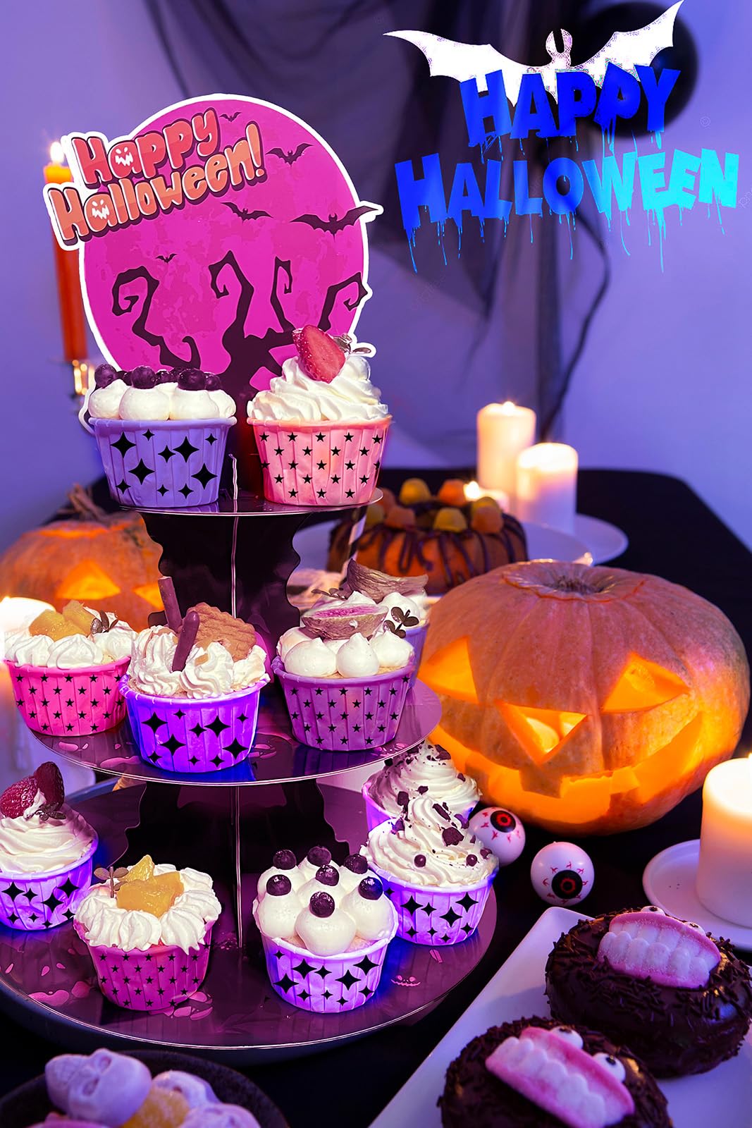 Damanse Halloween Cupcake Stand,3 Tier Cardboard Cupcake Stand Dessert Holder Tower for Halloween Decorations, Halloween Birthday Party Supplies Haunted Decor for Kids (Halloween)
