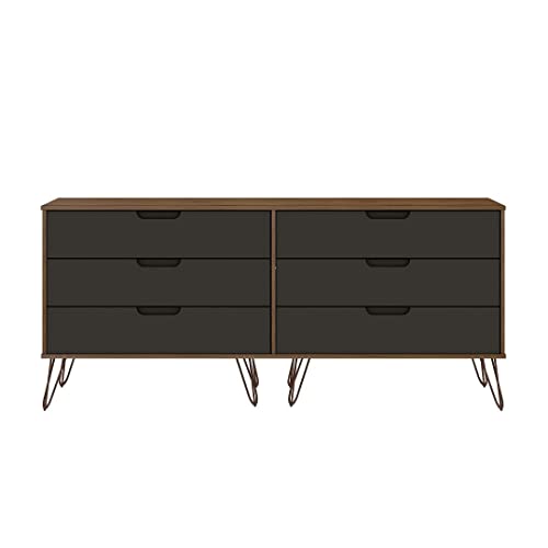 Manhattan Comfort Rockefeller Mid Century 6-Drawer Double Low Dresser with Metal Legs, Native and Rose Pink