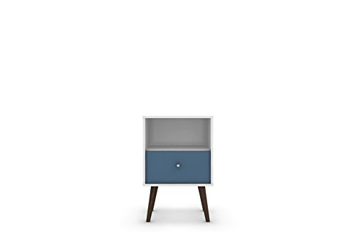 Manhattan Comfort Liberty Collection Mid Century Modern Nightstand With One Open Shelf and One Drawer, Splayed Legs, White/Blue