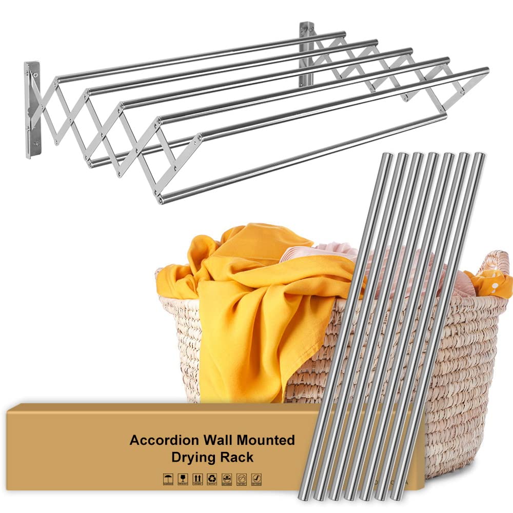 LANDBEAUTY Wall Mounted Laundry Clothes Drying Rack Clothing Heavy Duty Retractable Accordion Wall Hanger Collapsible Hanging Towel Holder for Laundry Room Bathroom(Extra Large 31.5",7-One-piece Rods)