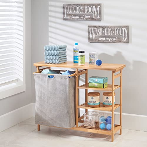 mDesign Bamboo Freestanding Laundry Hamper Basket Table - Storage Shelves for Folding Clothes and Organizing Detergent, Fabric Softener, Bleach, Dryer Sheets - Echo Collection - Natural