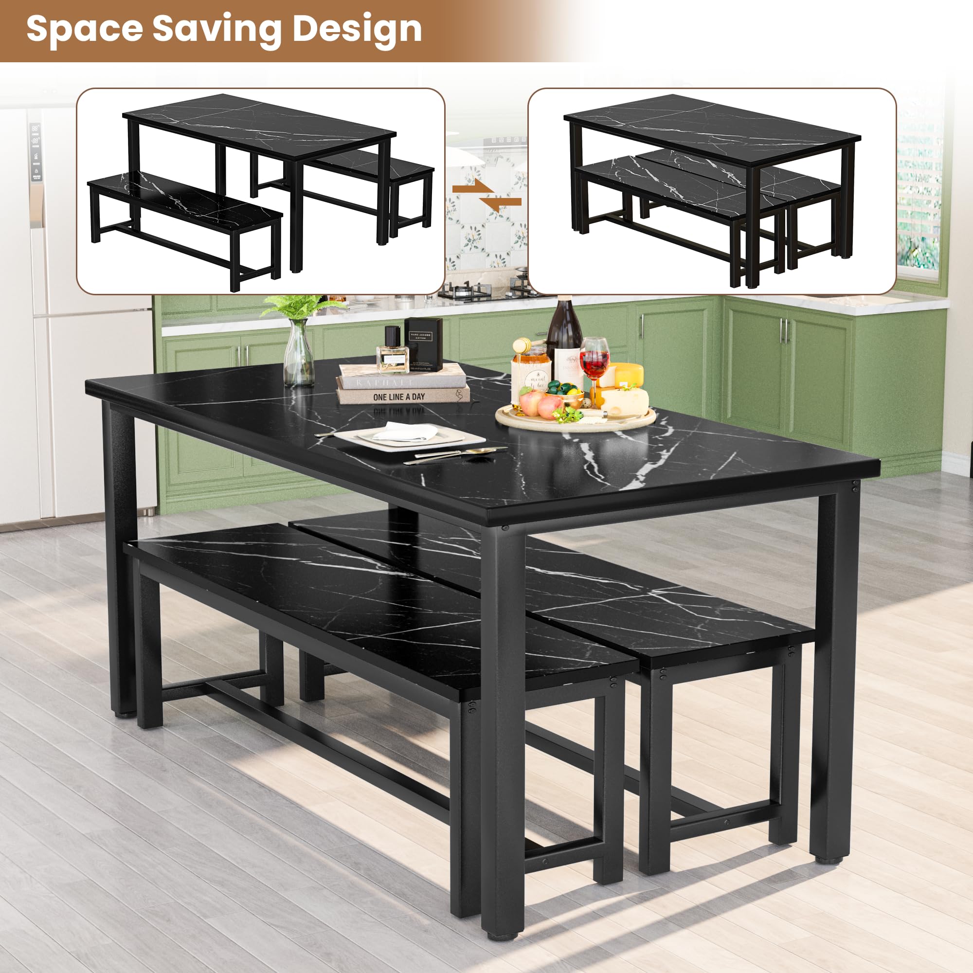 AWQM 47'' Dining Table with Bench, Dining Room Table Set for 4-6, Modern Kitchen Table and Chairs Set, Faux Marble Kitchen Breakfast Set for Apartment, Small Space, Breakfast Nook, Black
