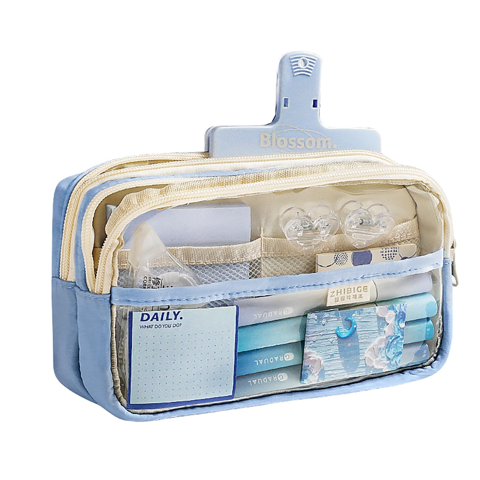 MILLEVIBE Kawaii ITA Pencil Pouch: Large Capacity Multi-Compartment Pen Case with Clear Window for Anime Display (Blue)