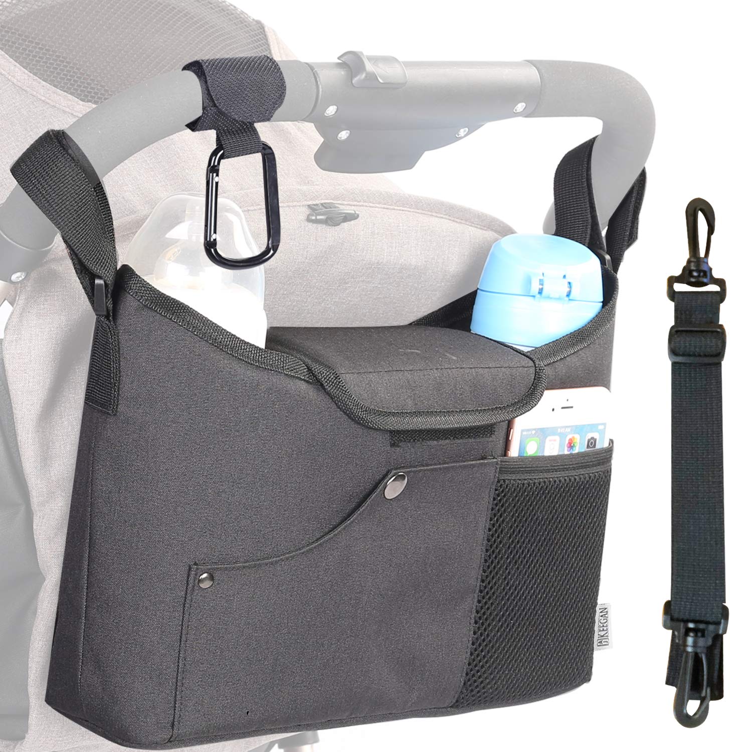 AJ KEEGAN Universal Baby Stroller Organizer with Cup Holders - The Only Stroller Accessory You Need - Universal Stroller Organizer Bag Includes Shoulder Strap & Stroller Hook - for Baby Shower Gifts