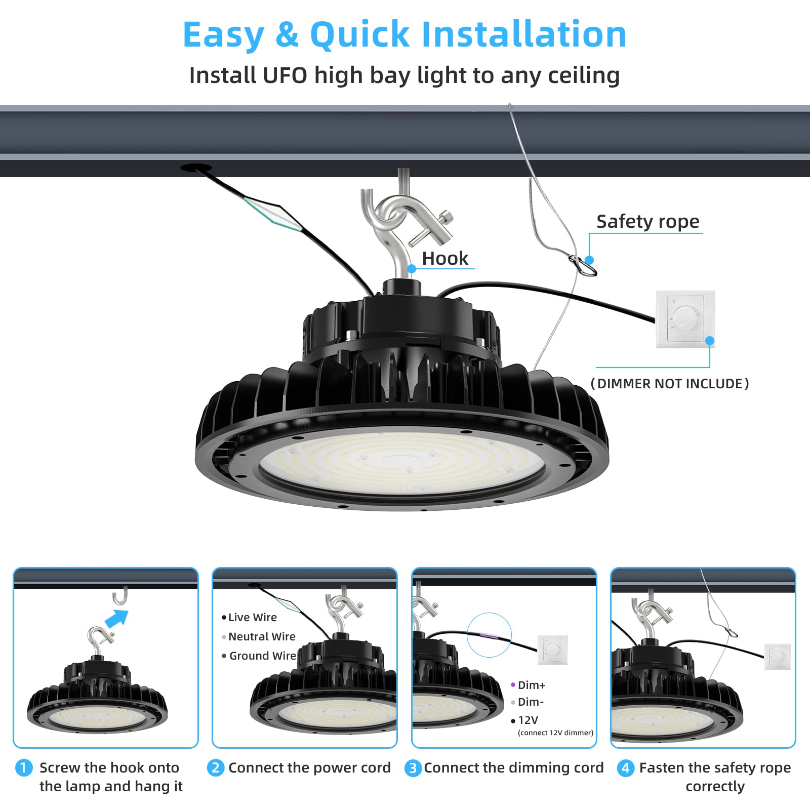 ABODONG LED High Bay Light 200W 26,000LM UFO High Bay LED Shop Lights 1-10V Dimmable 5000K 4'Cable with US Plug DLC Complied [800W MH/HPS Equiv.] 7 Yr Warranty
