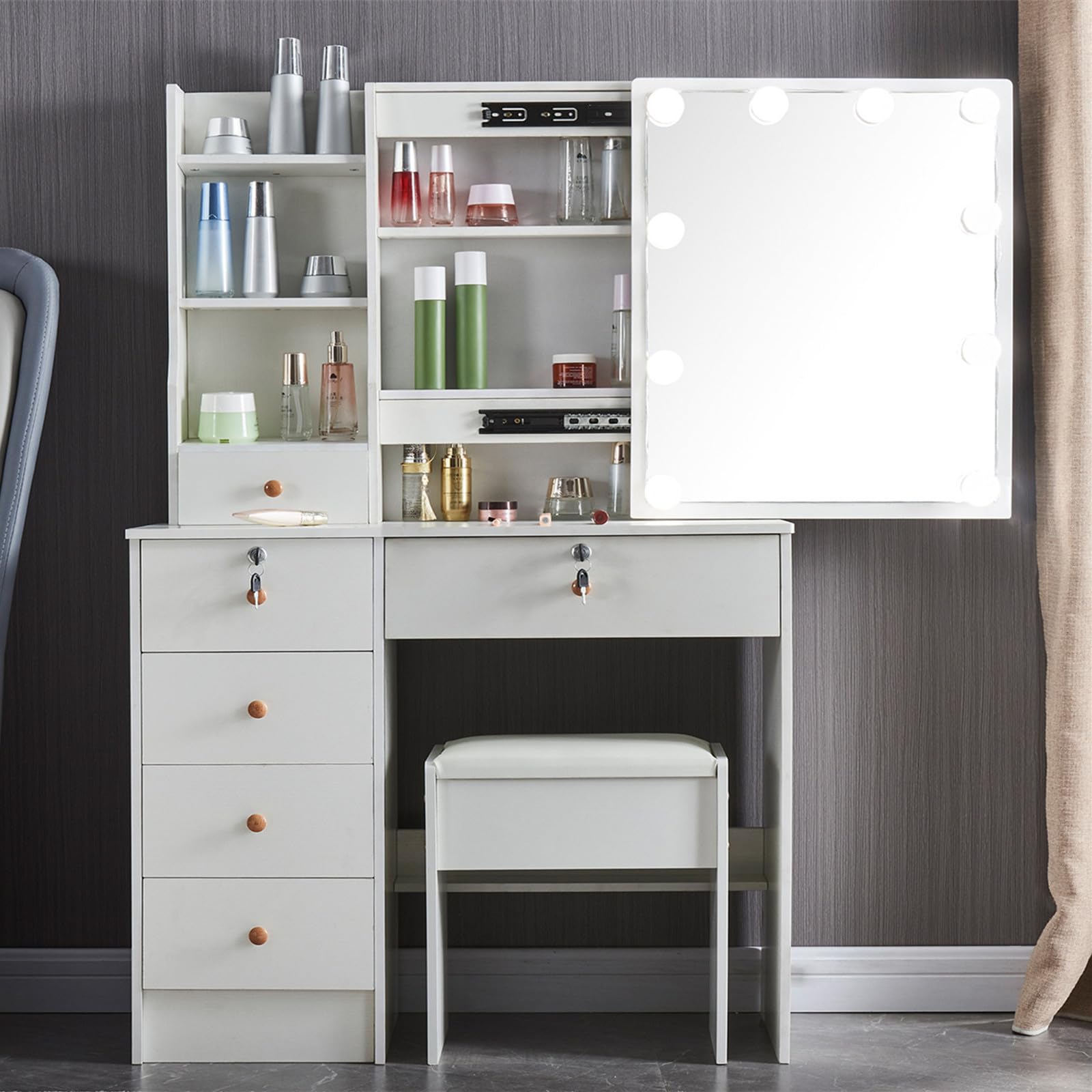 Vanity Desk, Makeup Table with Mirror and Lights, Dressing Table with 6 Drawer 3 Shelves Storage Unit, White Vanity Make Up Desk Bedroom Furniture (Vanity A07)