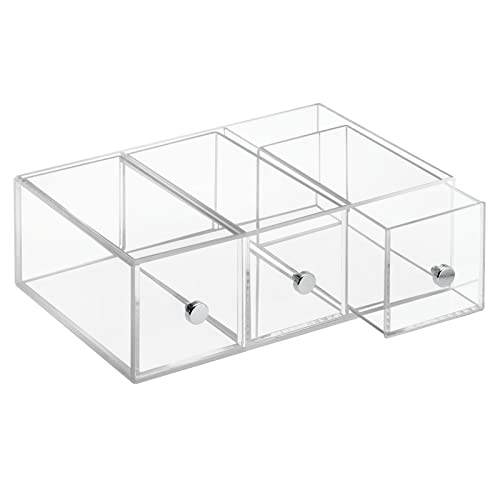 mDesign Plastic Kitchen Pantry Stackable Storage Organizer Container Station with 3 Drawers for Cabinet, Countertop, Holds Coffee, Tea, Sugar Packets, Creamers - Lumiere Collection - Clear