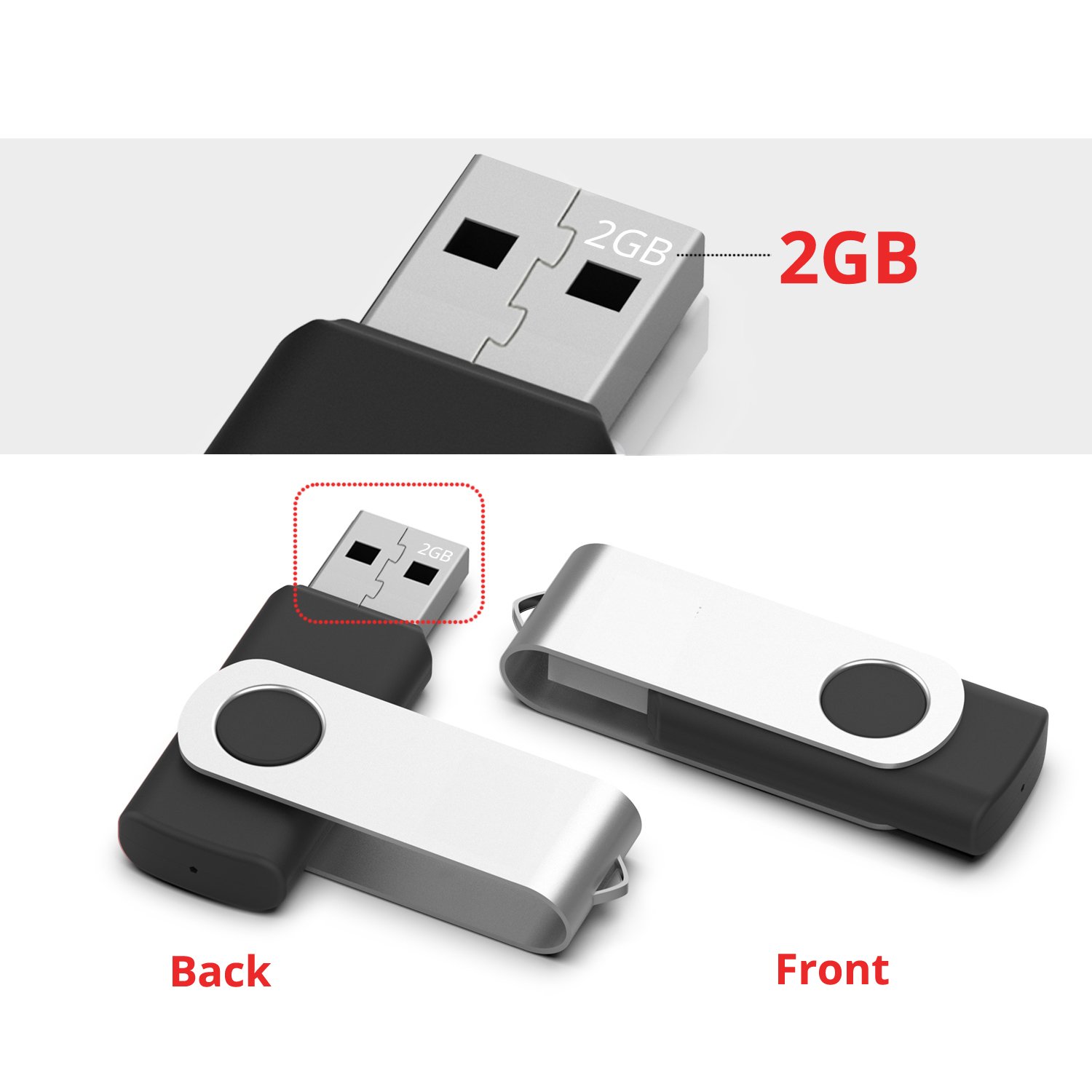 MOSDART No Logo USB2.0 2GB Flash Drive, Swivel Design with LED Indicator, Keychain Loop, FAT32 Memory Stick for Data Storage, Black(Pack of 10)