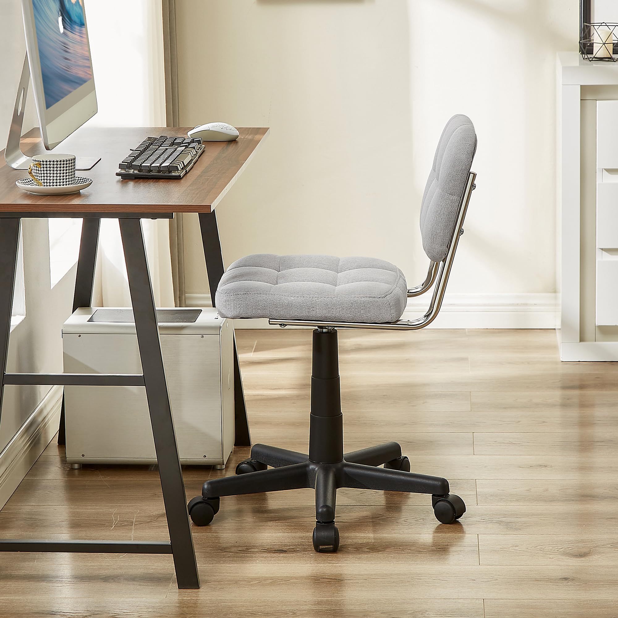 VECELO Modern Armless Home Office Desk Chair, 360°Rolling Swivel Adjustable Height for Make Up/Bed Room/Small Space, Linen Fabric, Gray