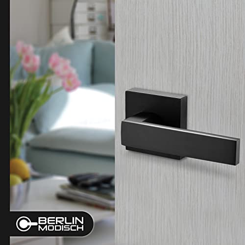 Berlin Modisch Contemporary Square Entry Lever Door Handle and Single Cylinder Deadbolt Locking Lever Handle Set [Front Door or Office] Right & Left Sided Doors Heavy Duty – Iron Black Finish
