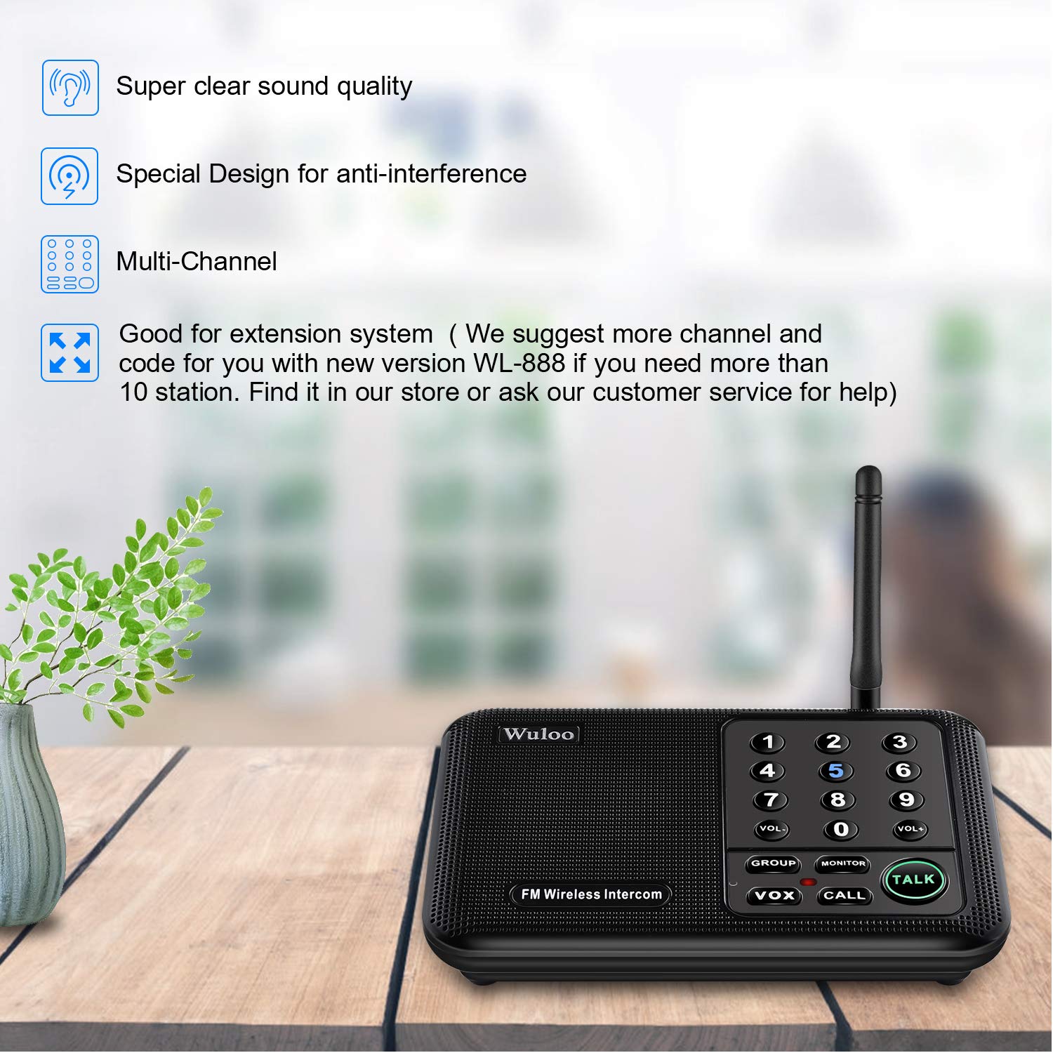Wuloo Intercoms Wireless for Home 5280 Feet Range 10 Channel 3 Code, Wireless Intercom System for Home House Business Office, Room to Room Intercom, Home Communication System (4 Units Set, Black)