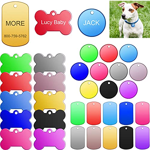Frienda 60 Pieces Colorful Blank Dog Tags Hand Personalized Blank ID Tags Aluminum Round Dog Tag Bone Shape Pet ID Tags Stamping Blanks Discs with Hole for Dogs Cats Pets Name Craft Tag