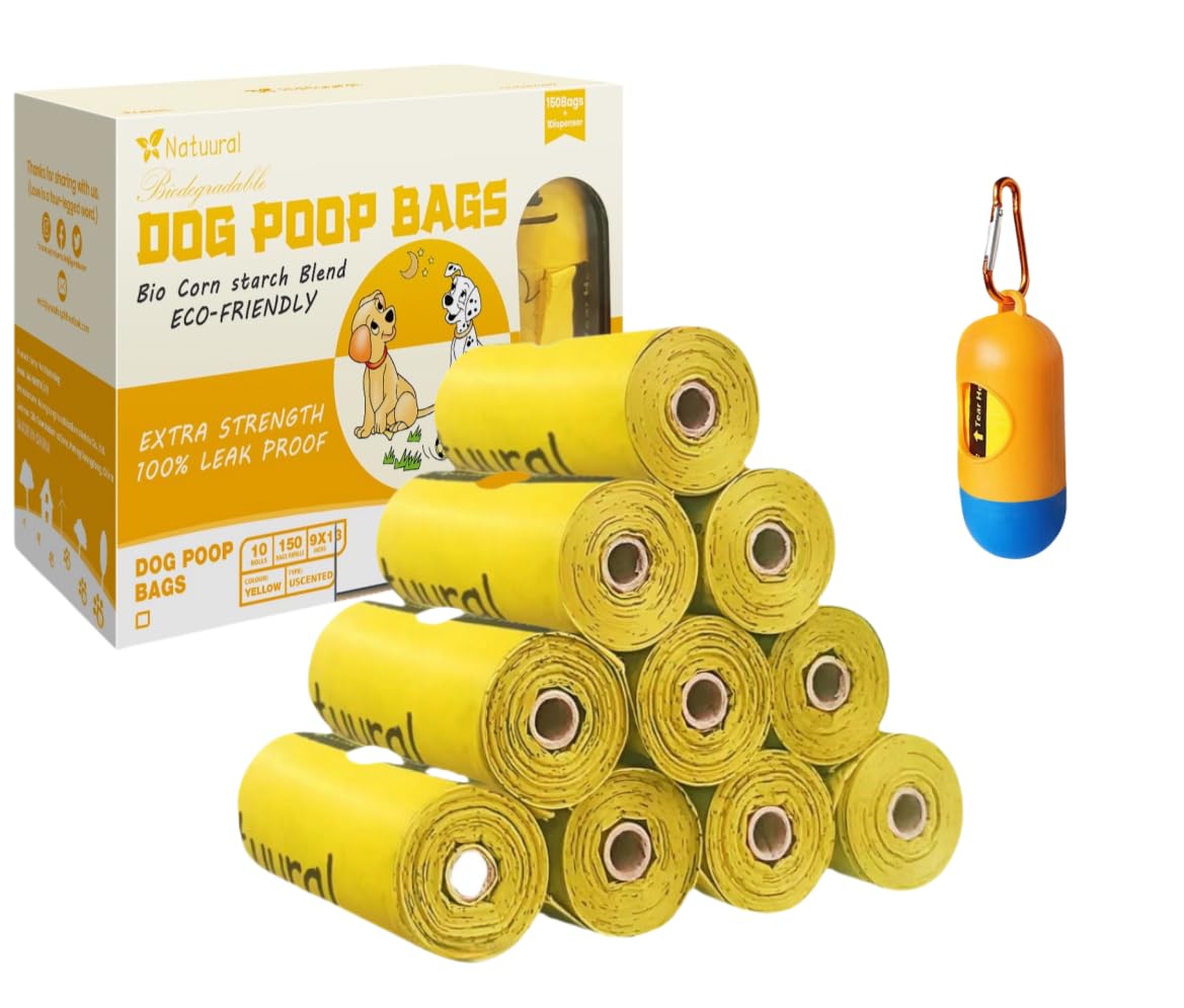 Dog Poop Bags Rolls-150 Bags with Leash Dispenser (10 Rolls), Biodegradable Poop Bags Made of Cornstarch, 100% Leak Proof and Easy to Open (Yellow)