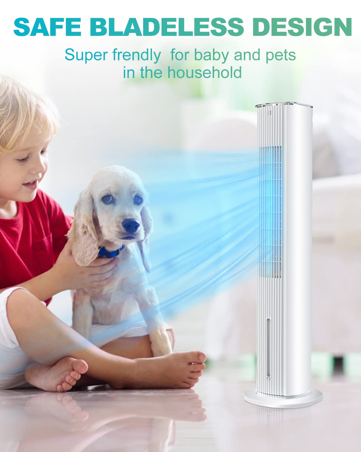 Evaporative Air Cooler Portable Cooling Fan, Cool with 3 Speeds, 12H Timer Evaporative Cooler, Bladeless Fan Ice Boxes Contained, Remote Control Tower Fan for Large Room Office