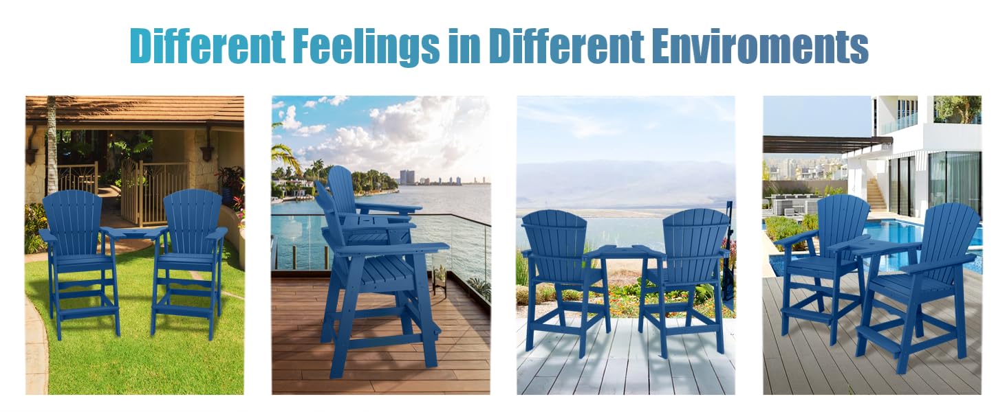 Aoorun 51.9''Poly Patio Chairs bar Height,high Outdoor Chairs Table hdpe, Tall Adirondack Set for 2 (30.7" D x 27.9" W) - Navy Blue