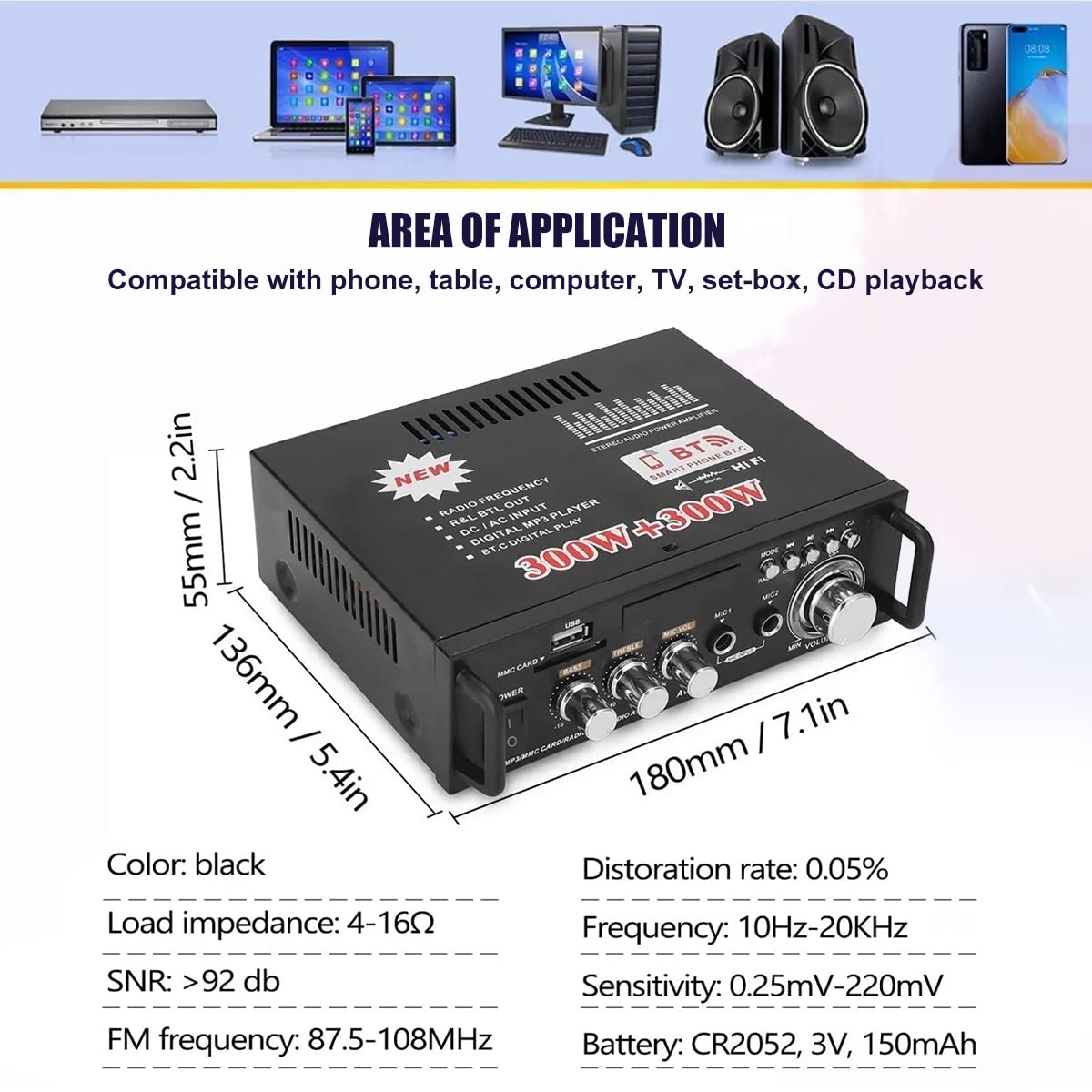 Etlephe 298A Mini Bluetooth 5.0 Stereo Amplifier,Amplifier home Audio,Audio Receiver,300W+300W 2 Channel Power Sound Receiver/USB,SD Card,FM Radio,2 Mic for Home Speakers & Theater System-12V 110V