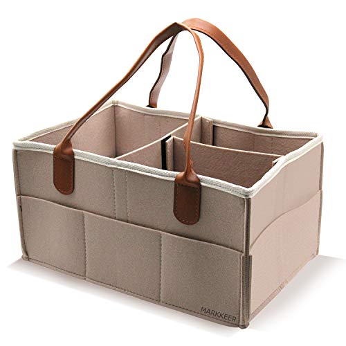 MARKKEER Baby Diaper Caddy Organizer, Nursery Storage Bin Car for Diapers and Baby Wipes, Changing Table Diaper Caddy, Portable Baby Essentials Basket Holder Tote Bag for Girl Boy (large,Beige)