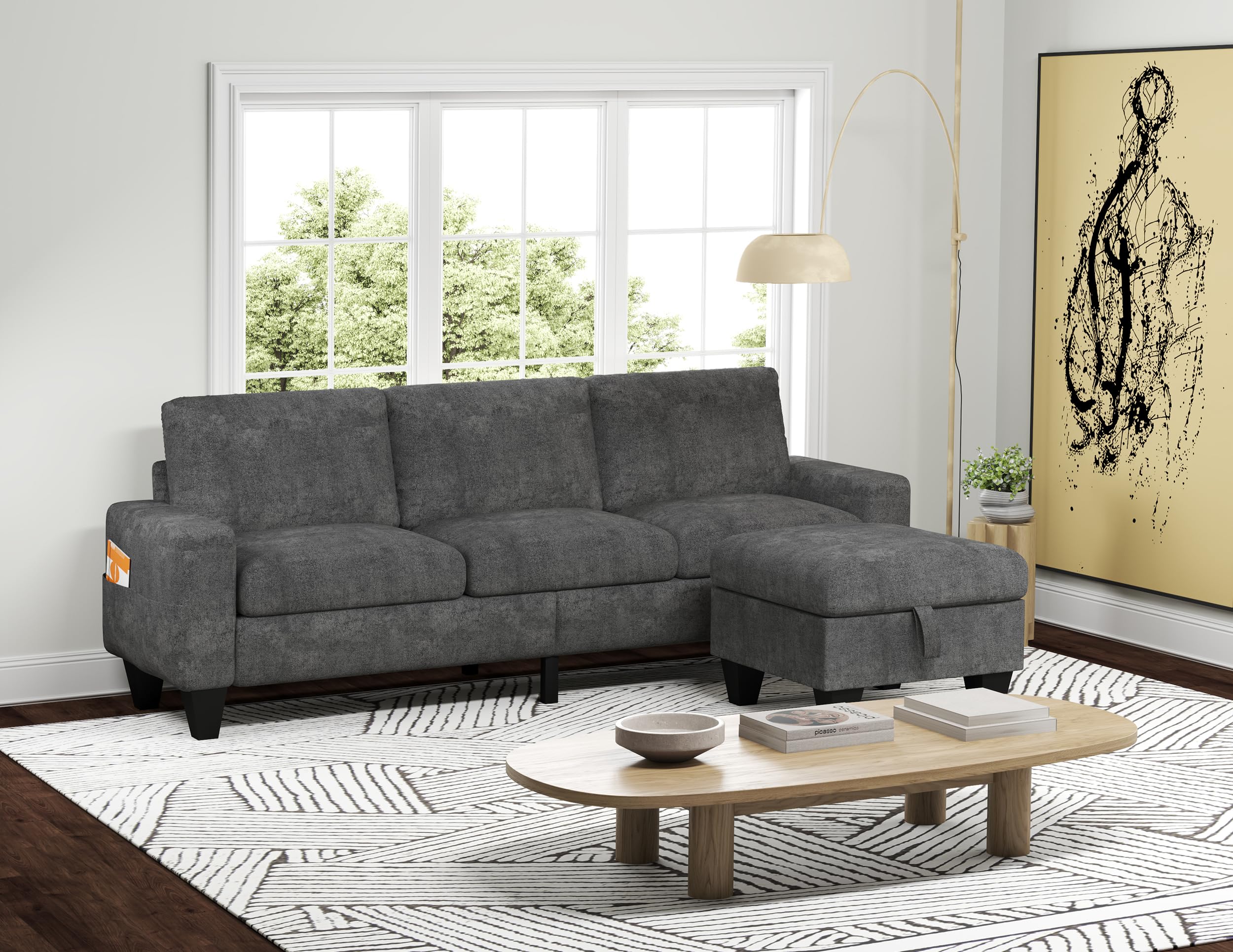 Yattem Convertible Sectional Sofa Couch:Modern Snowflake Velvet L-Shaped Sofa Couch with Reversible Storage Ottoman&Storage Pockets - 3 Seat Sofa Couch for Living Room/Apartment/Studio/Small Space
