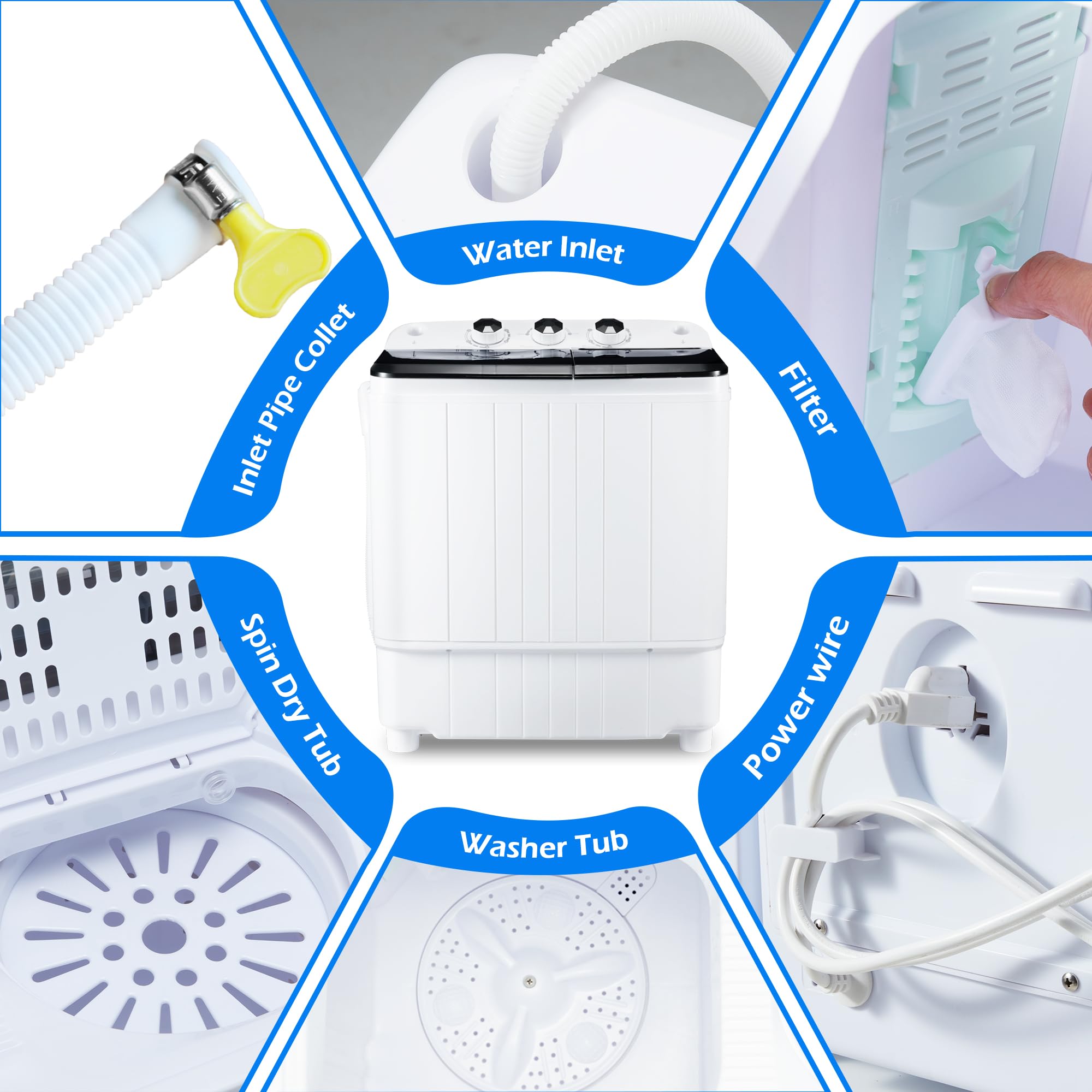 Portable washers 17.6LBSCompact Washing Machine and Spinner Twin Tub Washer and Dryers for Home Apartment Dorms,BLACK…