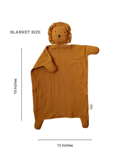 Marlowe & Co Organic Cotton Muslin Lion Lovey Blanket, Organic Cotton Muslin Lion Security Blanket (Toffee)