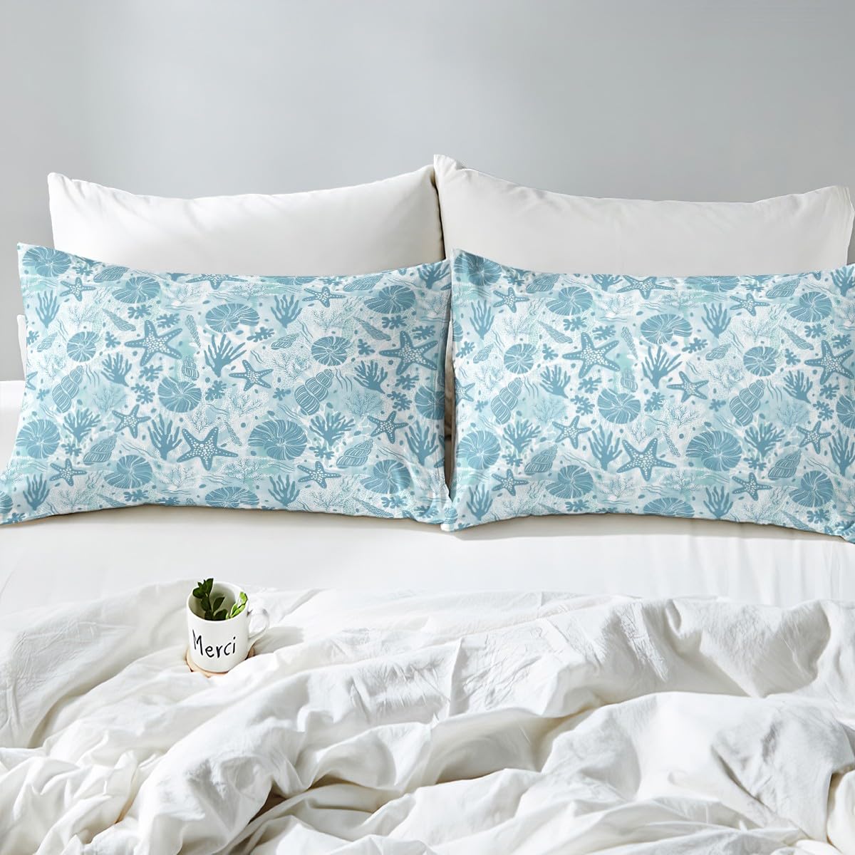 Seashell Conch Starfish Coral Fitted Sheet Queen Size,Coastal Ocean Beach Bedding Set 3Pcs,Underwater Life Print Bed Sheet Navy Blue Tie Dye Deep Pocket Sheet for Kids Teens Adult Bedroom Decor