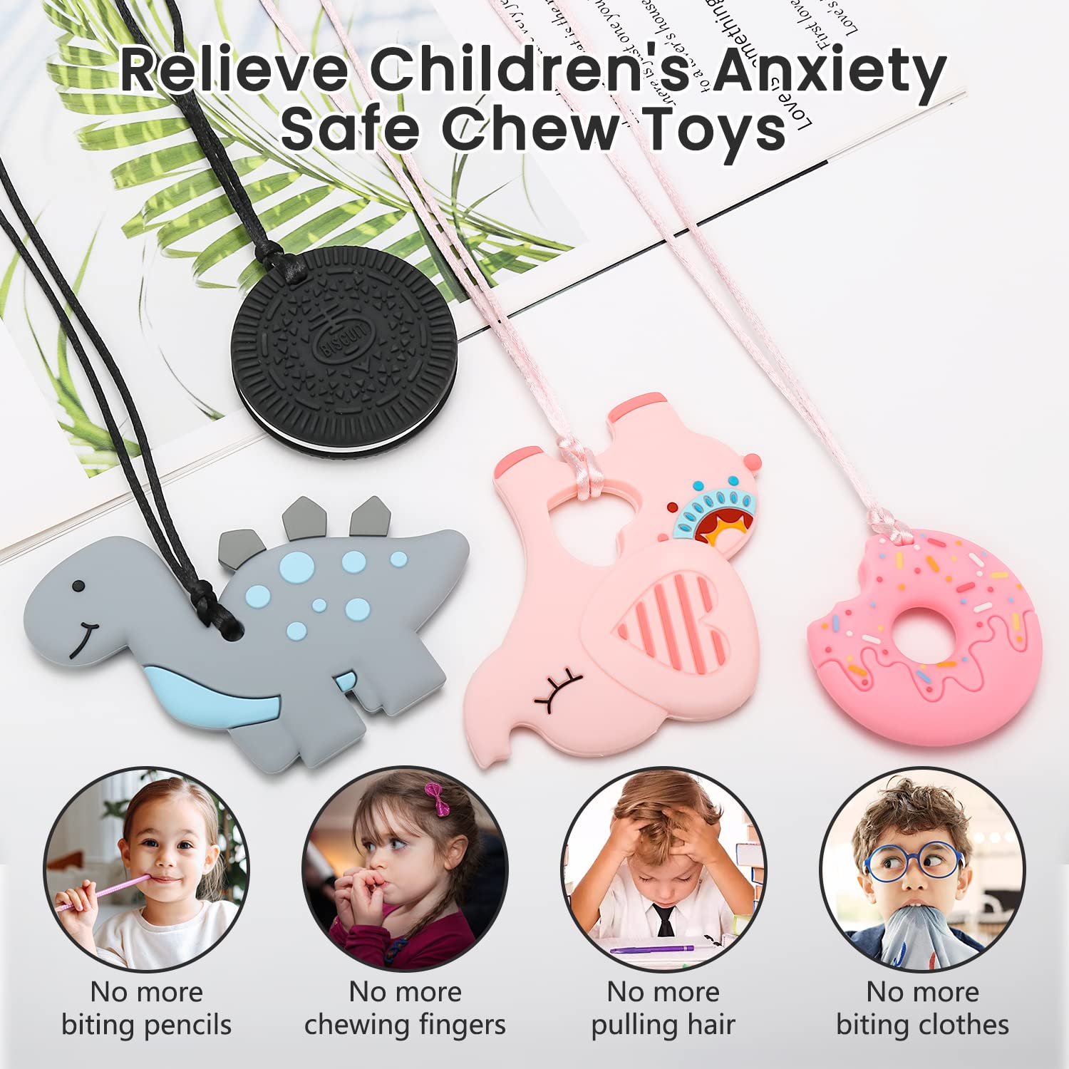 4Pcs Chew Necklaces for Sensory Kids with Teething, ADHD, SPD, Autism, Biting Needs, Oral Motor Chewy Teether, Silicone Necklace Made from Food Grade Silicone Safety, Baby Teether Toy for Boys&Girl
