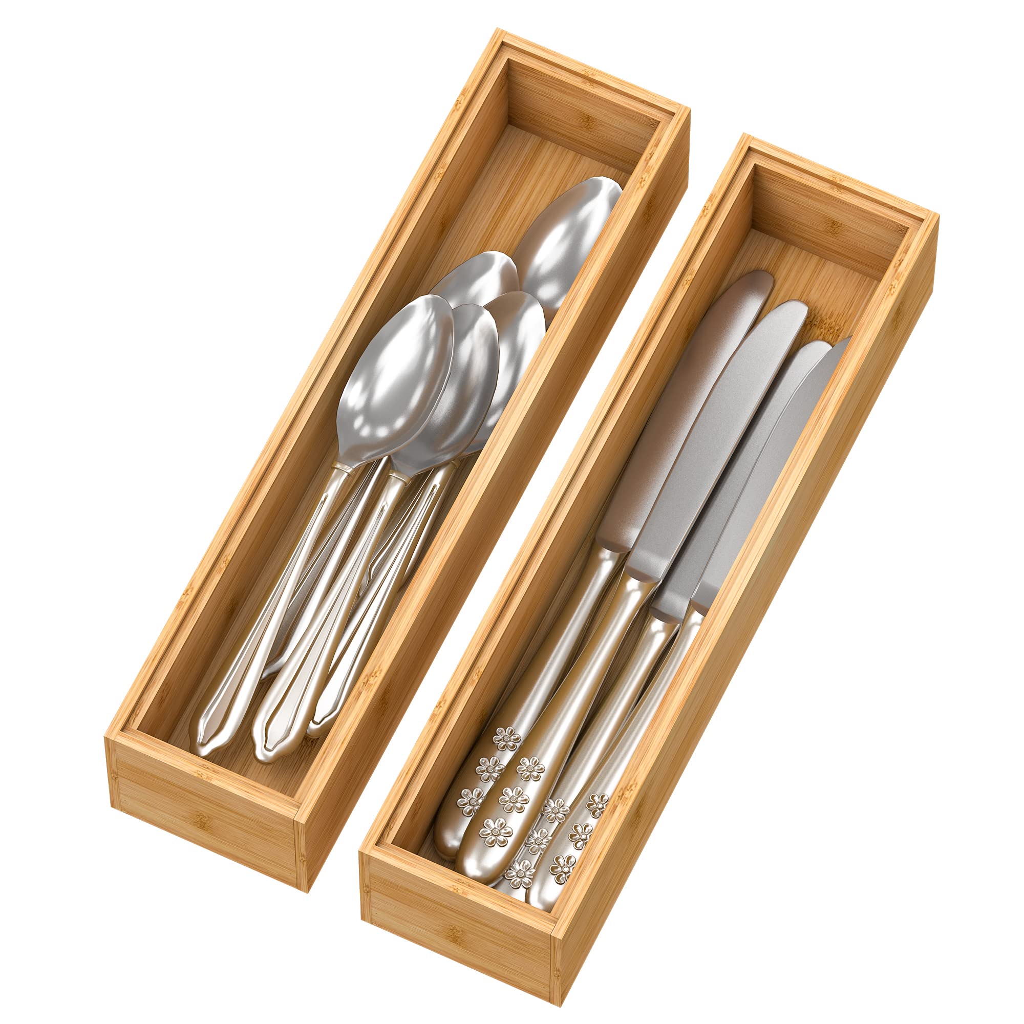 Bamboo Drawer Organizer Storage Box Kitchen - Wood Stackable Tray Set of 2 (12x3x2 inch)