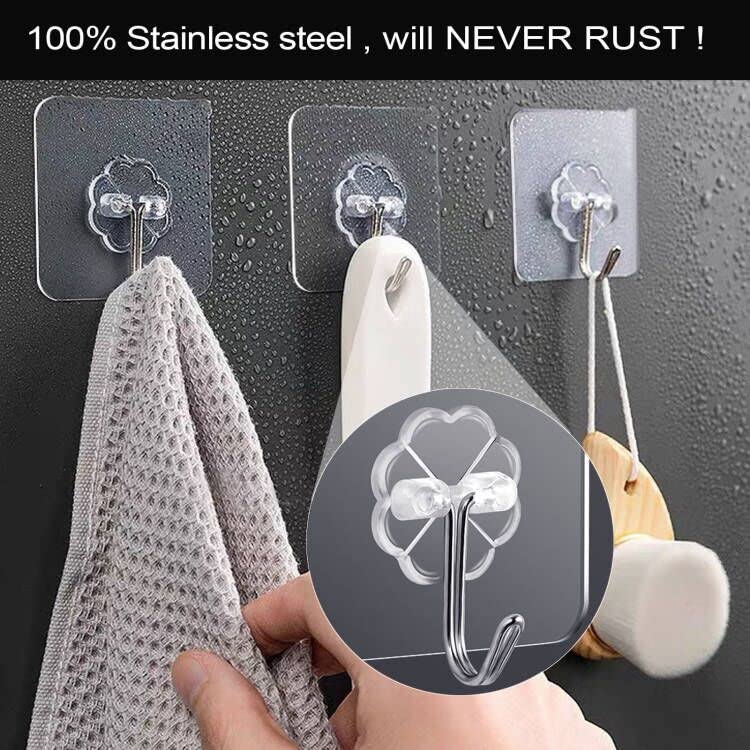 Adhesive Hooks for Hanging, Stainless Steel 16 Pack Sticky Wall Hooks 22lb(Max) Removable, Heavy Duty Self Adhesive Hooks Waterproof Oilproof for Bathroom Shower Kitchen Outdoor Towel Keys, Clear