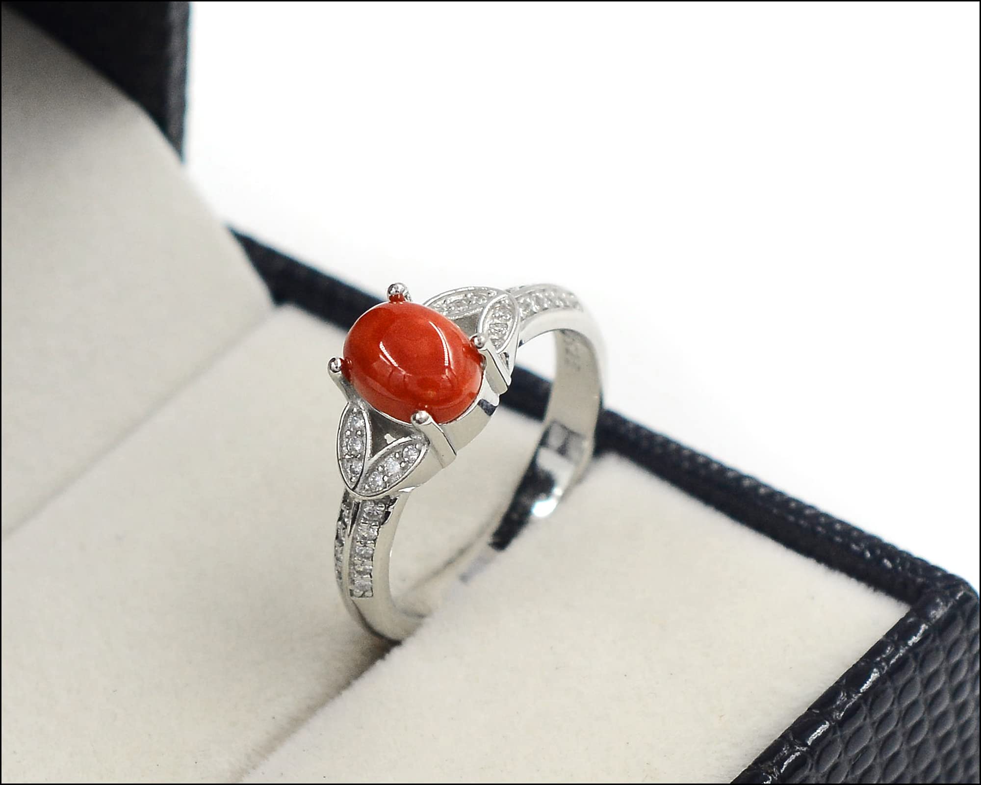 8X6 MM Oval Cut Natural Red Coral Cabochon Gemstone 925 Sterling Silver May Birthstone Solitaire Unisex Proposal Ring Birthday Gift For Wife (Yellow Gold Rhodium Plated Silver, 8)